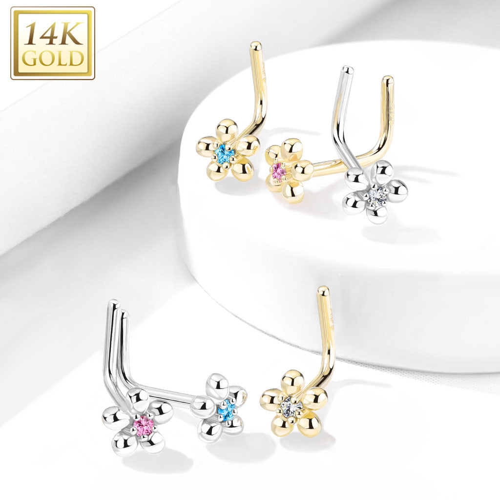 Marguerite Daisy L-Shape Nose Ring. 14K Yellow Gold. 20g 6mm Nose Stud ...