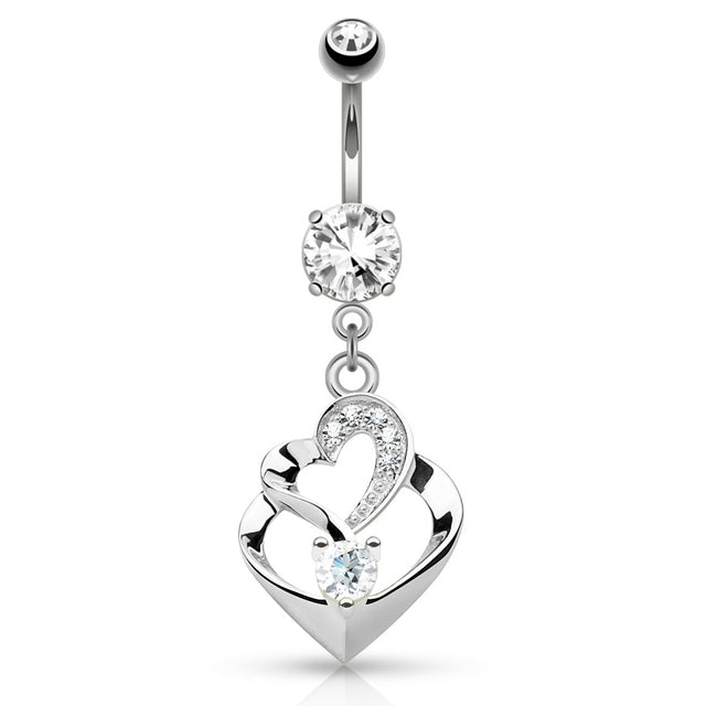 14K White Gold Dangling Duo Love Heart Belly Ring. Gold Belly Rings ...