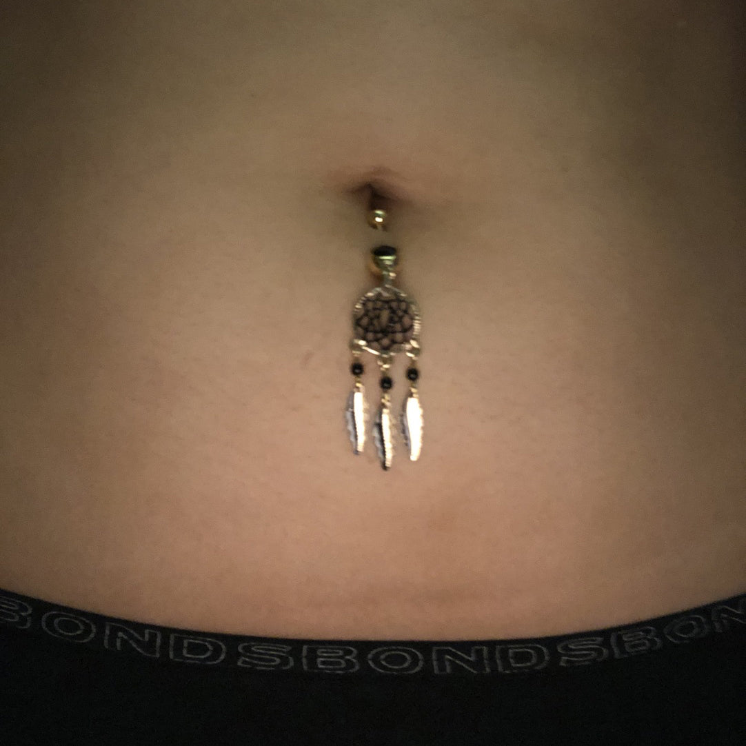 Black Detailed Dream Catcher Belly Dangle. Gold Plated. 14g, 10mm ...