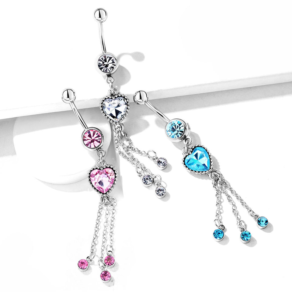 Cute Trio Chain Heart Dangle Navel Ring. 14g, 10mm Surgical Steel ...