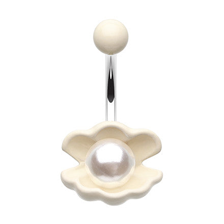 UNIQUE! Tropical White Clam Shell Belly Ring with Pearl. 14g, 10mm ...