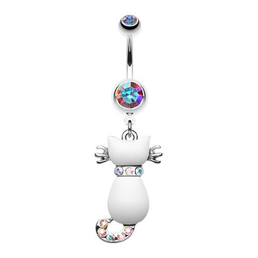 White Kitty Cat Belly Button Ring with Aurora Borealis Gems. 14g. – The ...