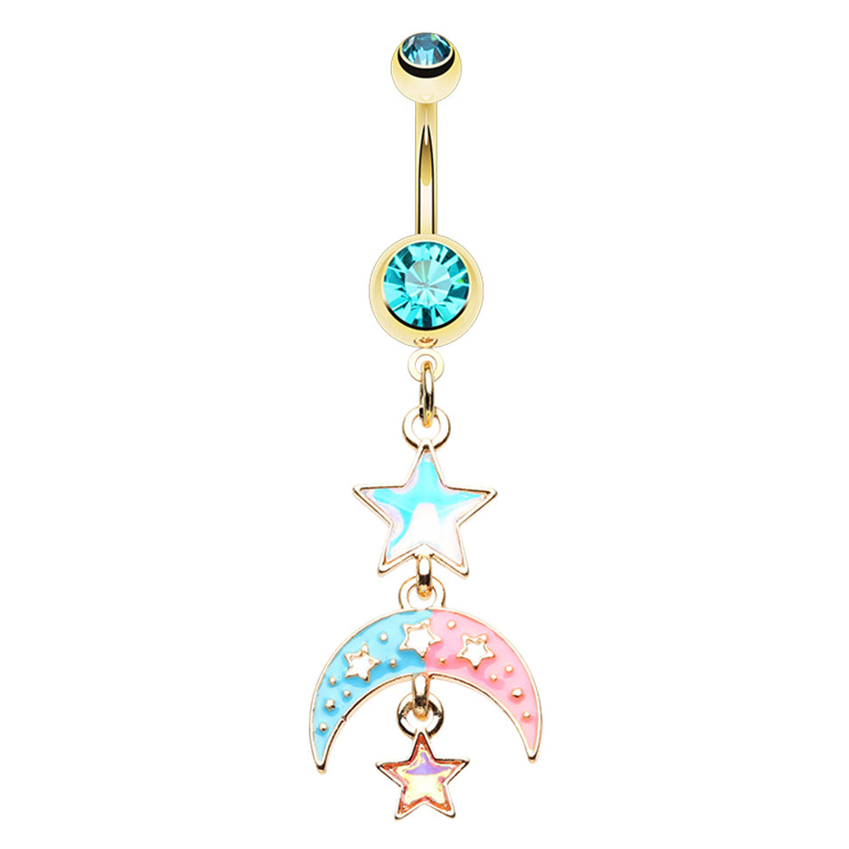 Pastel Rainbow Moon & Star Belly Bar. 14g 10mm. Free Post Worldwide ...